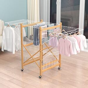 tonchean Collapsible Drying Racks for Laundry with Wheels, Heavy Duty Commercial Foldable Laundry Drying Rack Wooden Clothes Drying Rack Free Standingwith Adjustable Iron Wings