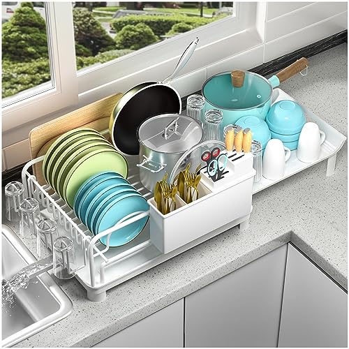 caktraie Dish Drying Rack - Expandable Dish Rack for Kitchen Counter, Rust-Proof Kitchen Dish Drying Rack with Utensil Holder, Cups Holder, White