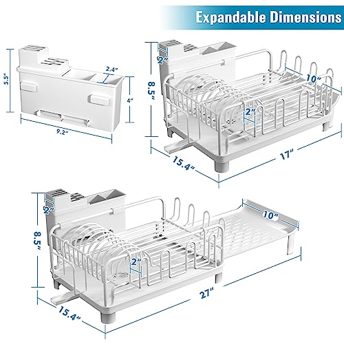 caktraie Dish Drying Rack - Expandable Dish Rack for Kitchen Counter, Rust-Proof Kitchen Dish Drying Rack with Utensil Holder, Cups Holder, White