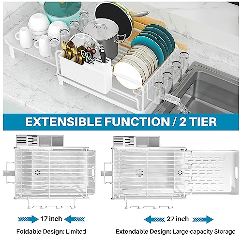 caktraie Dish Drying Rack - Expandable Dish Rack for Kitchen Counter, Rust-Proof Kitchen Dish Drying Rack with Utensil Holder, Cups Holder, White