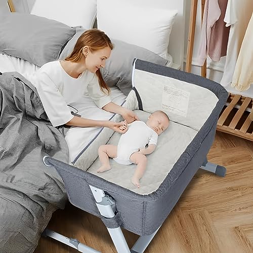 PEARLOVE 3 in 1 Baby Bassinet Bedside Sleeper, Bedside Crib with 6 Adjustable Height, Soft Mattress & Wheels, Portable Easy to Assemble Bassinet, Baby Cribs for Infant Newborn(Gray)