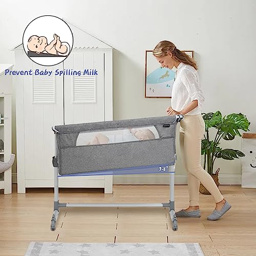 PEARLOVE 3 in 1 Baby Bassinet Bedside Sleeper, Bedside Crib with 6 Adjustable Height, Soft Mattress & Wheels, Portable Easy to Assemble Bassinet, Baby Cribs for Infant Newborn(Gray)