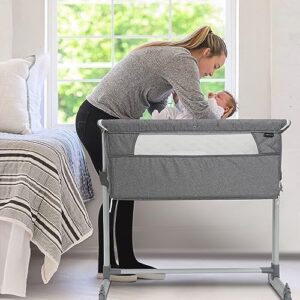 PEARLOVE 3 in 1 Baby Bassinet Bedside Sleeper, Bedside Crib with 6 Adjustable Height, Soft Mattress & Wheels, Portable Easy to Assemble Bassinet, Baby Cribs for Infant Newborn(Gray)