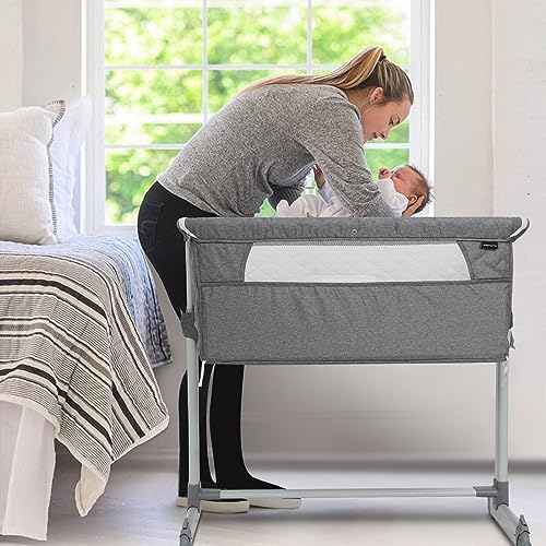 PEARLOVE 3 in 1 Baby Bassinet Bedside Sleeper, Bedside Crib with 6 Adjustable Height, Soft Mattress & Wheels, Portable Easy to Assemble Bassinet, Baby Cribs for Infant Newborn(Gray)