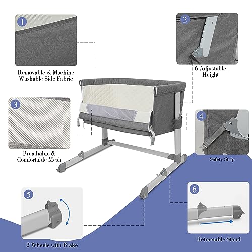 PEARLOVE 3 in 1 Baby Bassinet Bedside Sleeper, Bedside Crib with 6 Adjustable Height, Soft Mattress & Wheels, Portable Easy to Assemble Bassinet, Baby Cribs for Infant Newborn(Gray)