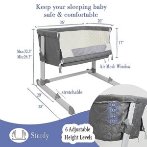 PEARLOVE 3 in 1 Baby Bassinet Bedside Sleeper, Bedside Crib with 6 Adjustable Height, Soft Mattress & Wheels, Portable Easy to Assemble Bassinet, Baby Cribs for Infant Newborn(Gray)