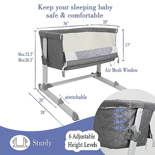 PEARLOVE 3 in 1 Baby Bassinet Bedside Sleeper, Bedside Crib with 6 Adjustable Height, Soft Mattress & Wheels, Portable Easy to Assemble Bassinet, Baby Cribs for Infant Newborn(Gray)