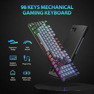 Mechanical Gaming Keyboard, 98 Keys RGB Backlit Keyboard with Detachable Type-C Cable, Double Shot Floating Keycaps, Blue Switch Full Anti-Ghost Wired Computer Keyboard for Windows PC Mac Xbox Gamer