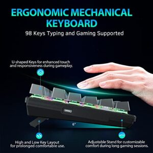 Mechanical Gaming Keyboard, 98 Keys RGB Backlit Keyboard with Detachable Type-C Cable, Double Shot Floating Keycaps, Blue Switch Full Anti-Ghost Wired Computer Keyboard for Windows PC Mac Xbox Gamer