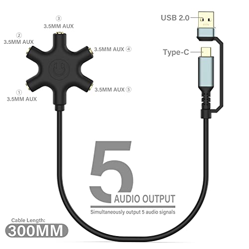 HIEbee USB A/C to Headphone Splitter, 5-Jack 3.5 mm Audio Headphone Splitter Stereo Audio Headset Adapter, Audio Earbuds Earphones Plug 5 Way 1 Male to 4 Female Splitter with 3.5mm Stereo Cable