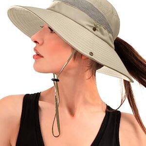 Sun Hat with Two Ponytail Hole for Women, Womens UV Protection Wide Brim Foldable Waterproof Beach Bucket Fishing Safari Hat