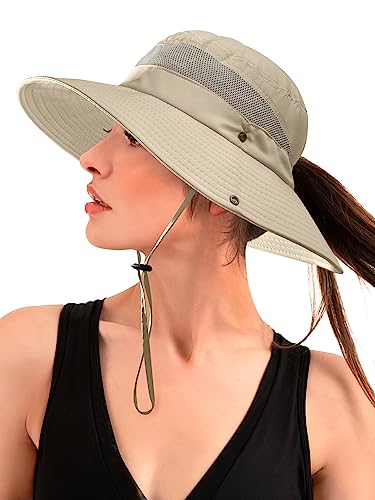 Sun Hat with Two Ponytail Hole for Women, Womens UV Protection Wide Brim Foldable Waterproof Beach Bucket Fishing Safari Hat