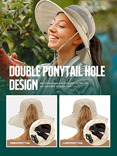 Sun Hat with Two Ponytail Hole for Women, Womens UV Protection Wide Brim Foldable Waterproof Beach Bucket Fishing Safari Hat