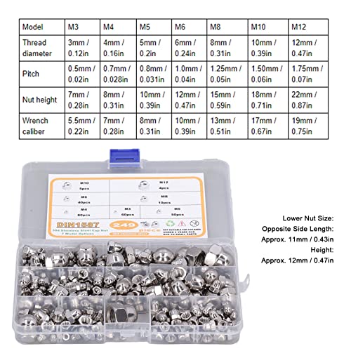 Acorn Hex Cap Nuts, Acorn Cap Nuts, 249Pcs Hex Acorn Cap Nut Assortment Kit M3 M4 M5 M6 M8 M10 DIN1587 304 Stainless