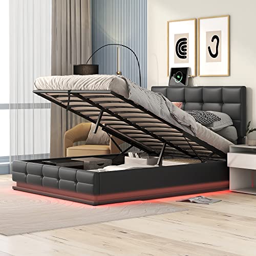 QVUUOU Full Size Tufted PU Upholstered Platform Bed, Bedroom Furniture Bed Frame with Hydraulic Storage System, LED Lights and USB Charger, for Kids & Teens (Black Upholstered Platform Bed)