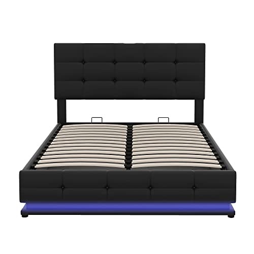 QVUUOU Full Size Tufted PU Upholstered Platform Bed, Bedroom Furniture Bed Frame with Hydraulic Storage System, LED Lights and USB Charger, for Kids & Teens (Black Upholstered Platform Bed)