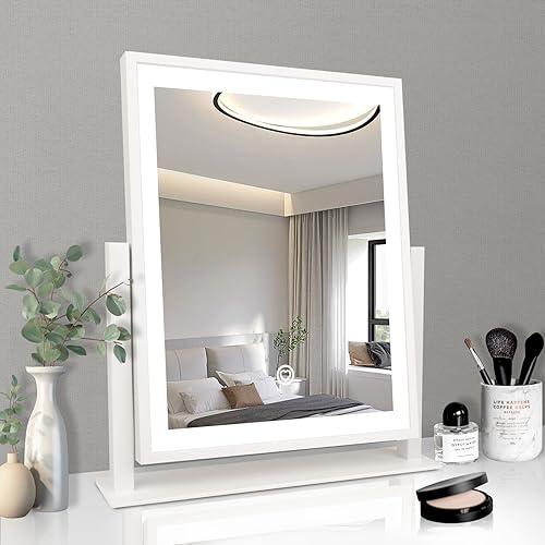 Makeup Mirror with Lights, 16in Fashion Lighted Vanity Mirror with Dimmable Light, Smart Control, Memory, Adjustable Warm White/Natural/Daylight, Birthday Wedding Gift, 360°Rotation White