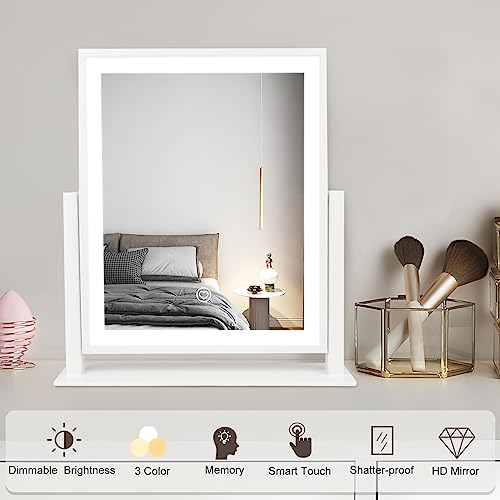 Makeup Mirror with Lights, 16in Fashion Lighted Vanity Mirror with Dimmable Light, Smart Control, Memory, Adjustable Warm White/Natural/Daylight, Birthday Wedding Gift, 360°Rotation White