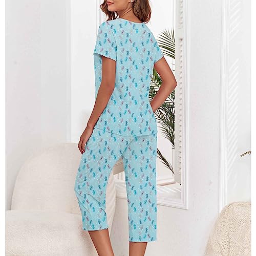 Women Summer Pajamas Soft Sleepwear Top with Capri Pants Ladies Short Sleeve Cotton Pajamas Sets Blue Butterfly X-Large