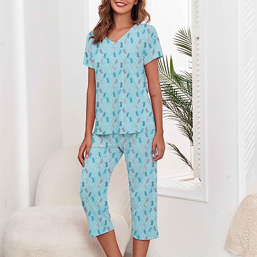 Women Summer Pajamas Soft Sleepwear Top with Capri Pants Ladies Short Sleeve Cotton Pajamas Sets Blue Butterfly X-Large