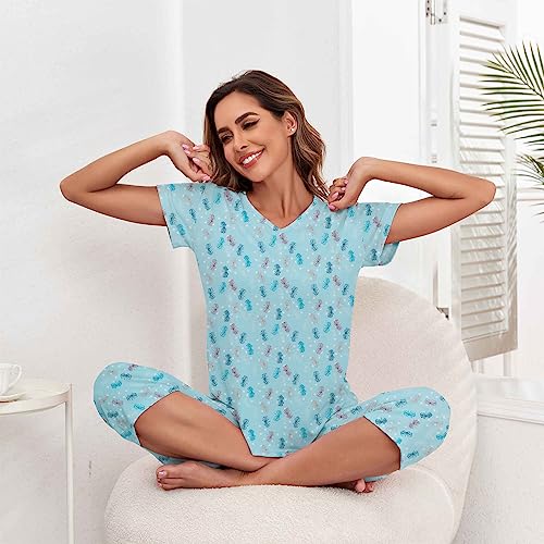 Women Summer Pajamas Soft Sleepwear Top with Capri Pants Ladies Short Sleeve Cotton Pajamas Sets Blue Butterfly X-Large