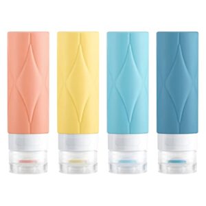 suddho travel bottles for toiletries, 3oz travel size containers, tsa approved,bpa free leak proof squeezable silicone travel size bottles for shampoo conditioner lotion(4pack)