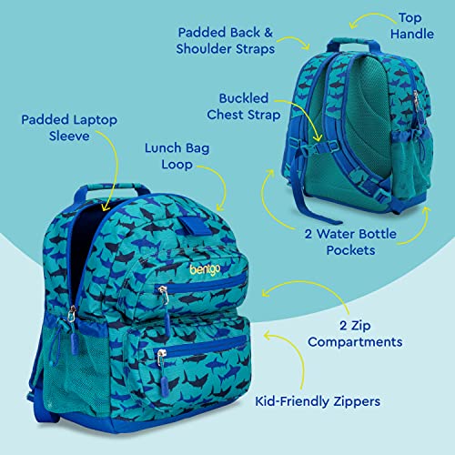 Bentgo® Kids Backpack - Lightweight 14” Backpack in Unique Prints for School, Travel, & Daycare - Roomy Interior, Durable & Water-Resistant Fabric, & Loop for Lunch Bag (Shark)