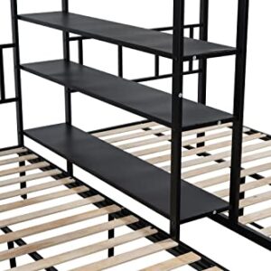 Goohome Full Over Twin and Twin Size Triple Bunk Bed with 4 Shelves, Heavy-Duty Steel Triple Bunk Beds Frame W/Safety Guardrail, Built-in Wood Slat and Ladder, for Kids, Teens, Adults