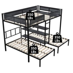 Goohome Full Over Twin and Twin Size Triple Bunk Bed with 4 Shelves, Heavy-Duty Steel Triple Bunk Beds Frame W/Safety Guardrail, Built-in Wood Slat and Ladder, for Kids, Teens, Adults