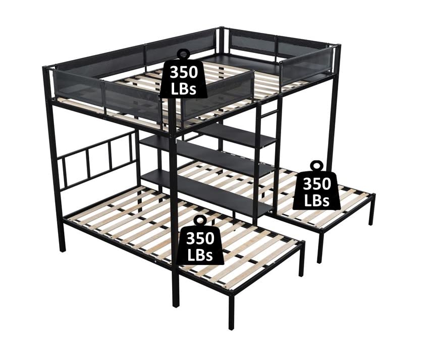 Goohome Full Over Twin and Twin Size Triple Bunk Bed with 4 Shelves, Heavy-Duty Steel Triple Bunk Beds Frame W/Safety Guardrail, Built-in Wood Slat and Ladder, for Kids, Teens, Adults