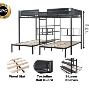 Goohome Full Over Twin and Twin Size Triple Bunk Bed with 4 Shelves, Heavy-Duty Steel Triple Bunk Beds Frame W/Safety Guardrail, Built-in Wood Slat and Ladder, for Kids, Teens, Adults