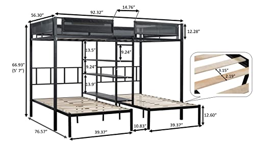 Goohome Full Over Twin and Twin Size Triple Bunk Bed with 4 Shelves, Heavy-Duty Steel Triple Bunk Beds Frame W/Safety Guardrail, Built-in Wood Slat and Ladder, for Kids, Teens, Adults