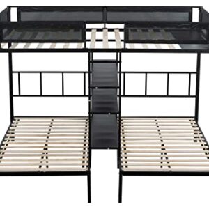 Goohome Full Over Twin and Twin Size Triple Bunk Bed with 4 Shelves, Heavy-Duty Steel Triple Bunk Beds Frame W/Safety Guardrail, Built-in Wood Slat and Ladder, for Kids, Teens, Adults