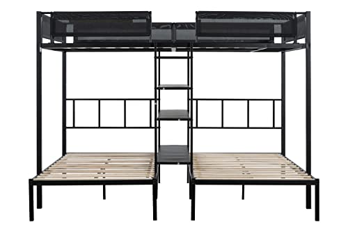 Goohome Full Over Twin and Twin Size Triple Bunk Bed with 4 Shelves, Heavy-Duty Steel Triple Bunk Beds Frame W/Safety Guardrail, Built-in Wood Slat and Ladder, for Kids, Teens, Adults