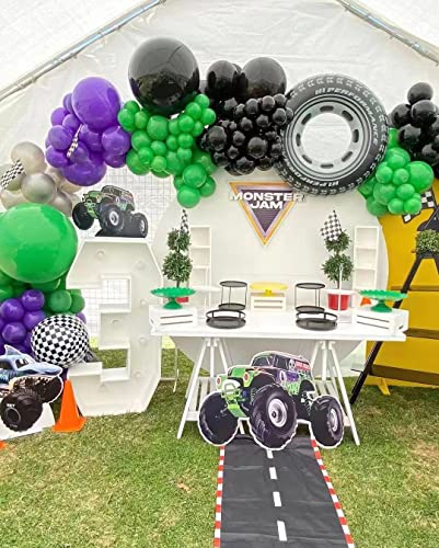 Truck Theme Balloon Garland Arch Kit 150pcs Black Green Purple Balloon with Checkered Flag and Large Hot Wheel Balloon for Monster Theme Birthday Party Decorations (without backdrop)