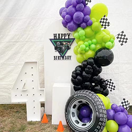 Truck Theme Balloon Garland Arch Kit 150pcs Black Green Purple Balloon with Checkered Flag and Large Hot Wheel Balloon for Monster Theme Birthday Party Decorations (without backdrop)