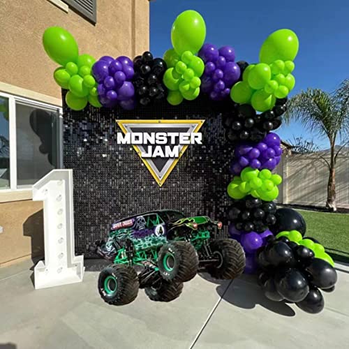 Truck Theme Balloon Garland Arch Kit 150pcs Black Green Purple Balloon with Checkered Flag and Large Hot Wheel Balloon for Monster Theme Birthday Party Decorations (without backdrop)