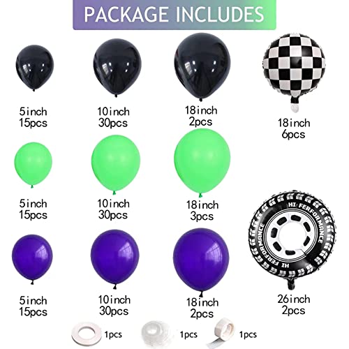 Truck Theme Balloon Garland Arch Kit 150pcs Black Green Purple Balloon with Checkered Flag and Large Hot Wheel Balloon for Monster Theme Birthday Party Decorations (without backdrop)