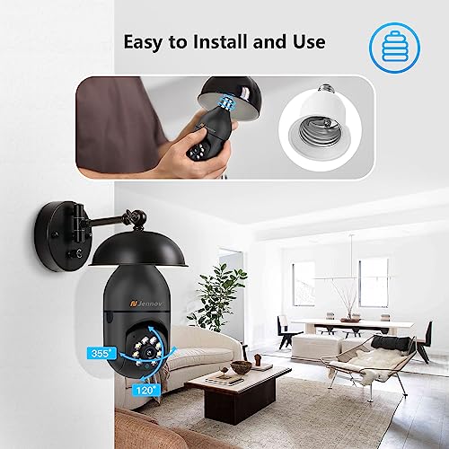 Jennov 3MP Light Bulb Security Camera Wireless Outdoor - 360° 2K Cameras for Home Security Outside, 2.4 Ghz WiFi Light Socket Indoor Camera, Auto Tracking, AI Human Detection, Compatible with Alexa