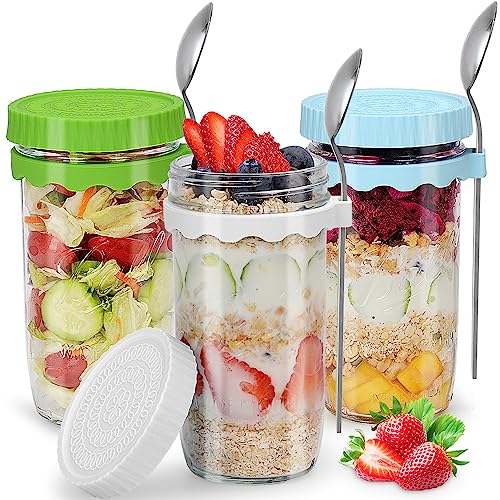 Overnight Oats Jars, Overnight Oats Containers with Silicone Lid and Spoon 16 oz,for Oats Yogurt,Milk,Fruit,breakfast,Leak-Proof Reusable Portable with Measurement Marks Food Storage Container (White+Blue+Green)