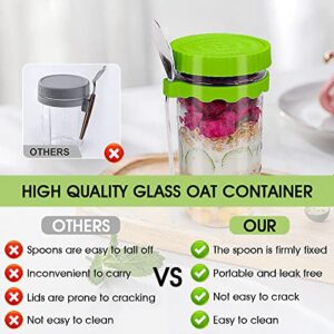 Overnight Oats Jars, Overnight Oats Containers with Silicone Lid and Spoon 16 oz,for Oats Yogurt,Milk,Fruit,breakfast,Leak-Proof Reusable Portable with Measurement Marks Food Storage Container (White+Blue+Green)