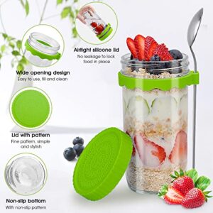 Overnight Oats Jars, Overnight Oats Containers with Silicone Lid and Spoon 16 oz,for Oats Yogurt,Milk,Fruit,breakfast,Leak-Proof Reusable Portable with Measurement Marks Food Storage Container (White+Blue+Green)