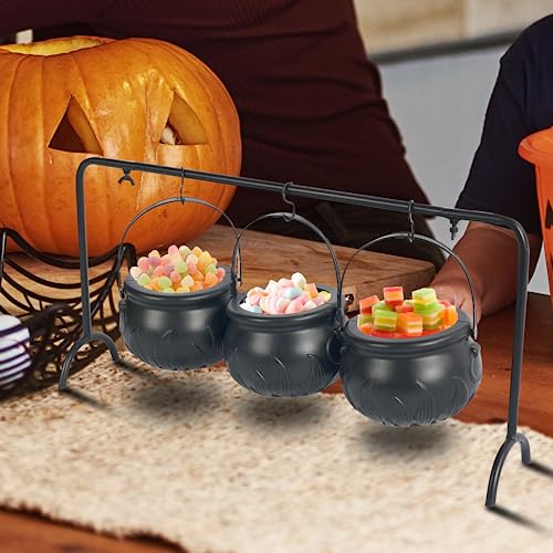 Hourleey Halloween Decorations, Set of 3 Witches Cauldron Serving Bowls on Rack, Black Plastic Hocus Pocus Candy Bucket Cauldron for Indoor Outdoor Home Kitchen Candy Holder Decor