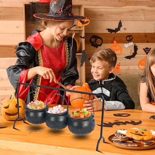 Hourleey Halloween Decorations, Set of 3 Witches Cauldron Serving Bowls on Rack, Black Plastic Hocus Pocus Candy Bucket Cauldron for Indoor Outdoor Home Kitchen Candy Holder Decor