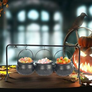 Hourleey Halloween Decorations, Set of 3 Witches Cauldron Serving Bowls on Rack, Black Plastic Hocus Pocus Candy Bucket Cauldron for Indoor Outdoor Home Kitchen Candy Holder Decor