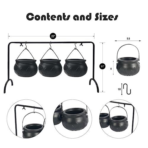 Hourleey Halloween Decorations, Set of 3 Witches Cauldron Serving Bowls on Rack, Black Plastic Hocus Pocus Candy Bucket Cauldron for Indoor Outdoor Home Kitchen Candy Holder Decor