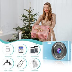 Saneen Digital Camera, FHD 2.7K & 44MP Kids Camera Video Cameras for Photography with 32GB SD Card 16X Digital Zoom, Compact Point and Shoot Camera Small Camera for Beginners, Kids and Teens-Blue