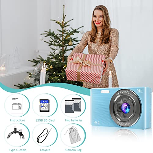 Saneen Digital Camera, FHD 2.7K & 44MP Kids Camera Video Cameras for Photography with 32GB SD Card 16X Digital Zoom, Compact Point and Shoot Camera Small Camera for Beginners, Kids and Teens-Blue