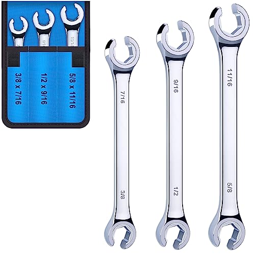 3-Piece Premium Double-End SAE Flare Nut Wrench Set, Size 3/8”, 7/16”, 1/2”, 9/16”, 5/8”, 11/16” | Cr-V Steel, 6-Point Head, 15° Offset | Perfect Line Wrench for Fuel, Brake, Air Conditioning and More