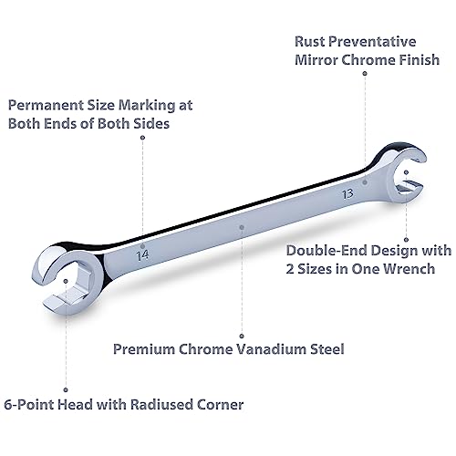 3-Piece Premium Double-End SAE Flare Nut Wrench Set, Size 3/8”, 7/16”, 1/2”, 9/16”, 5/8”, 11/16” | Cr-V Steel, 6-Point Head, 15° Offset | Perfect Line Wrench for Fuel, Brake, Air Conditioning and More